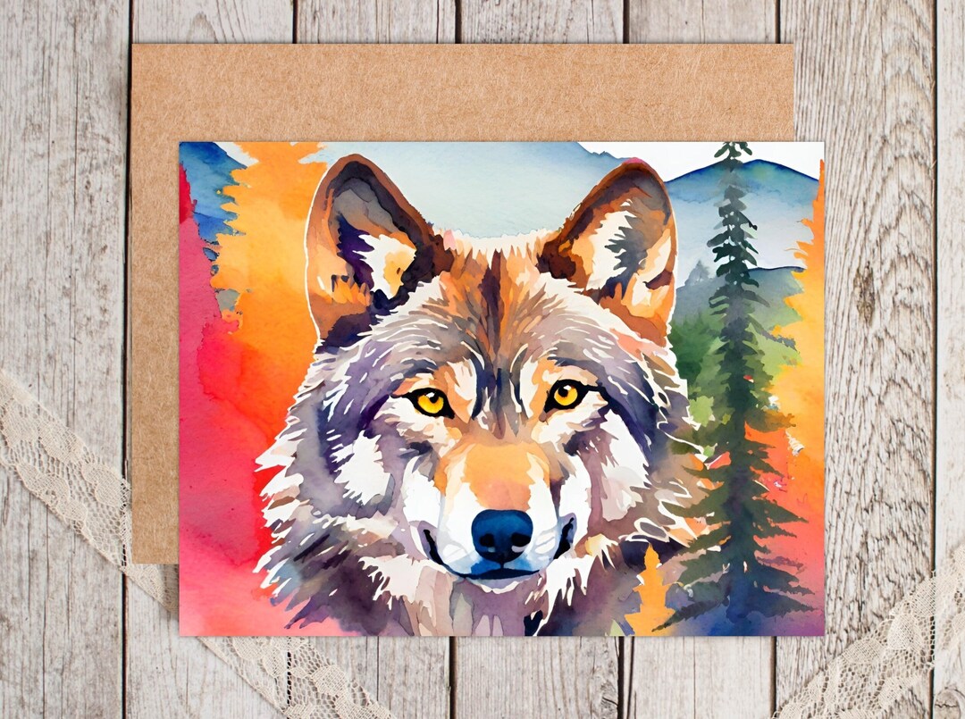 Watercolor Wolf Card, Mountain Wolf Card, Wildlife Art, Wolf Birthday ...