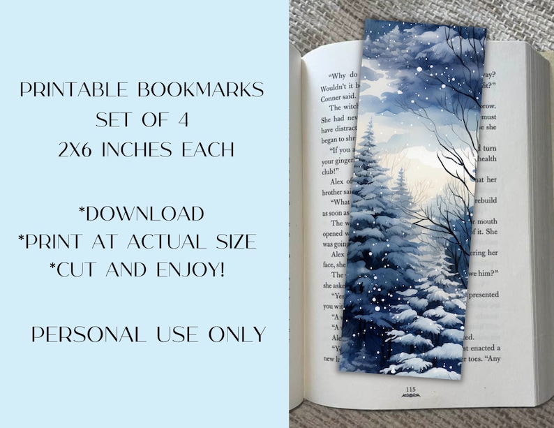 Snowy Forest Bookmark Set of 4, Watercolor Winter Bookmarks, Pine Tree ...