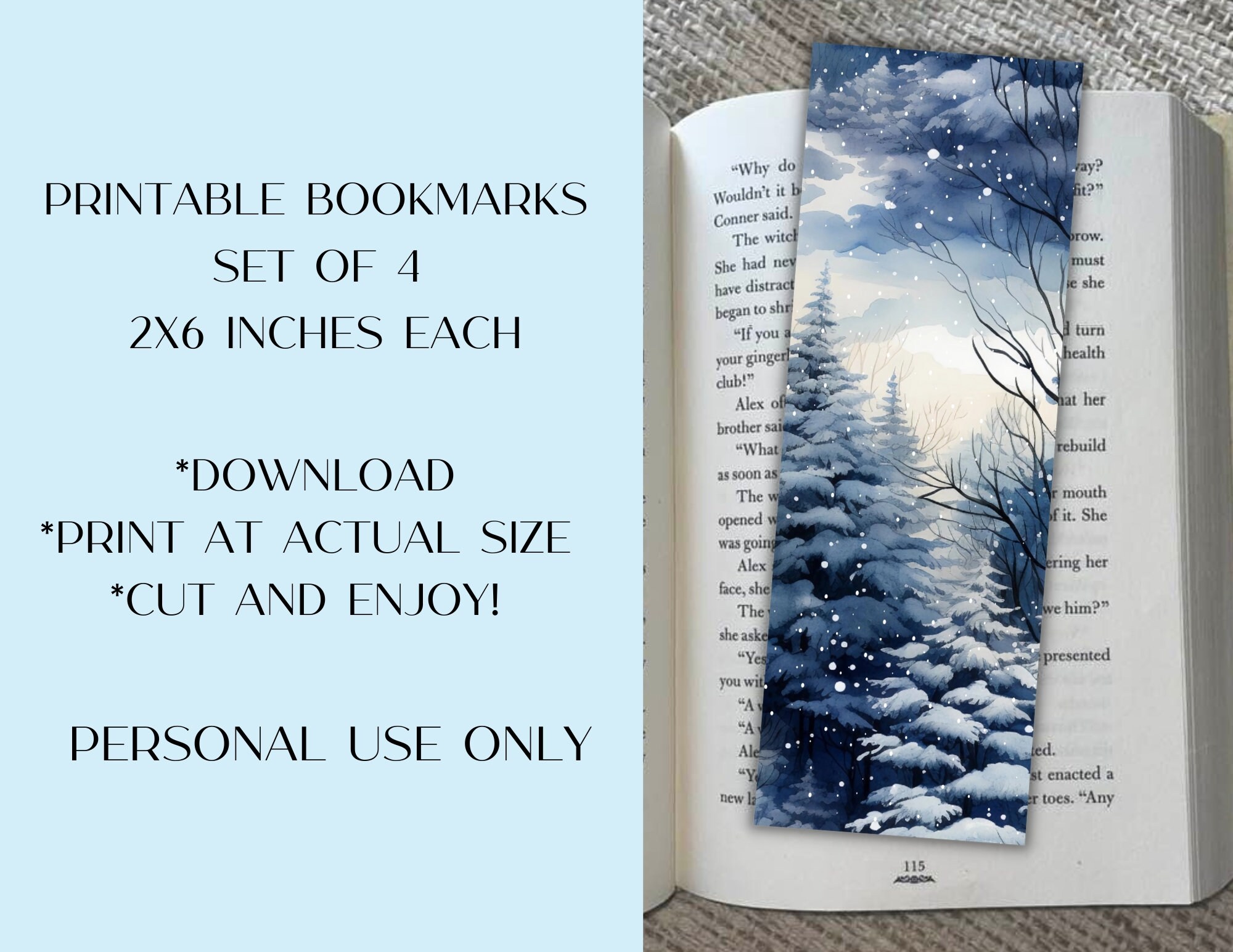 Snowy Forest Bookmark Set of 4, Watercolor Winter Bookmarks, Pine Tree ...