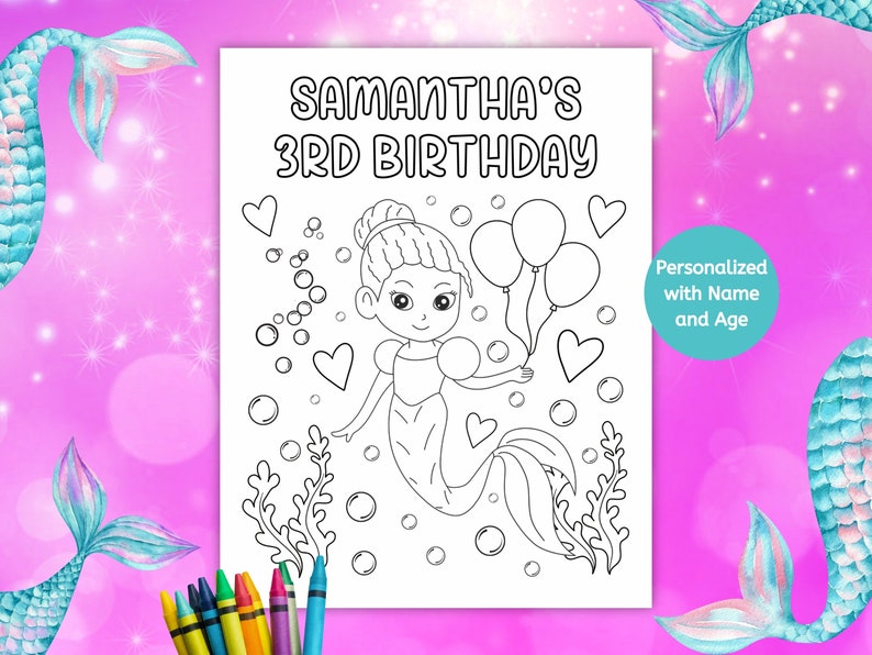 Personalized Mermaid Birthday Coloring Pages, Printable Birthday ...