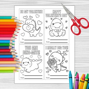 Dinosaur Valentine's Day Coloring Cards: Kids Printable Valentines (PDF ...