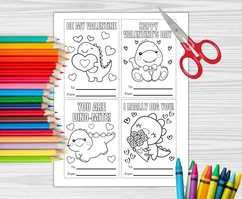 Dinosaur Valentine's Day Coloring Cards, Kids Printable Valentines ...