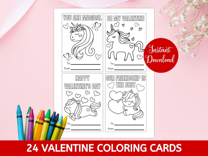 24 Valentine Coloring Cards for Kids, Printable Classroom Valentine ...