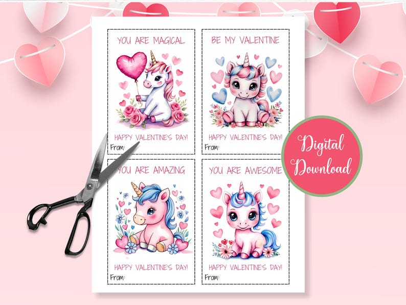 Unicorn Valentine Cards, Printable Valentines Day Cards, Kids Classroom ...