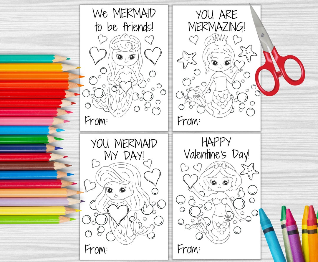 Mermaid Coloring Valentine's Day Cards, Printable Valentine's Day Cards ...