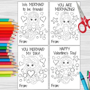 Mermaid Coloring Valentine's Day Cards, Printable Valentine's Day Cards ...