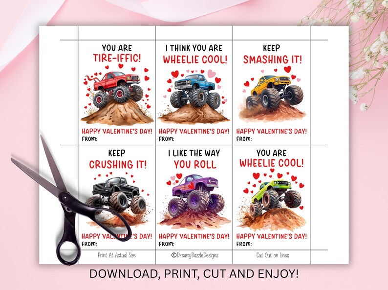 Monster Truck Valentine Cards for Kids. Printable Classroom Valentines ...