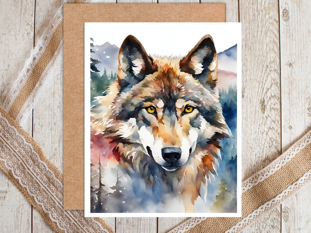 Watercolor Mountain Wolf Card, Wolf Mountain Scene Card, Wildlife Art ...