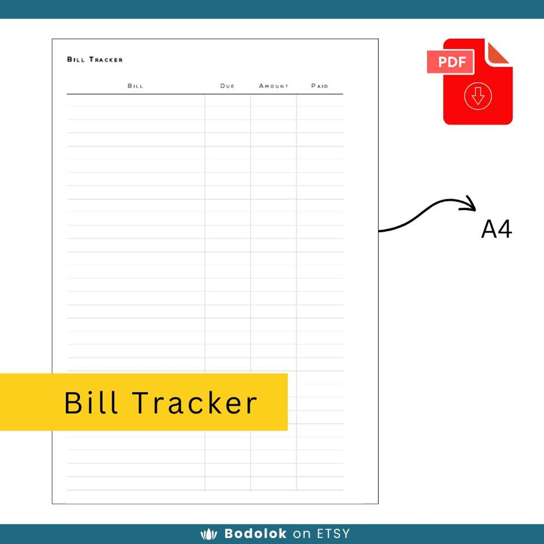 Undated Bill Tracker, Printable Planner Inserts, A5, A4, Instant ...