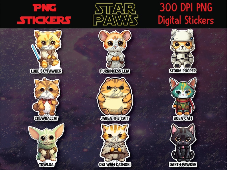 Star Paws Cat Kawaii Digital PNG Stickers Star Wars Inspired - Etsy