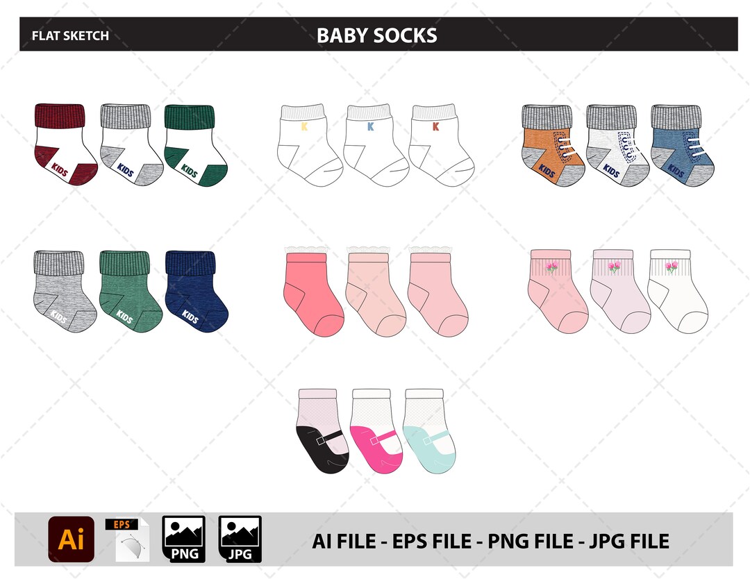 Baby Socks - Fashion Flat Sketch, Fashion Template, Tech Pack, Fashion ...