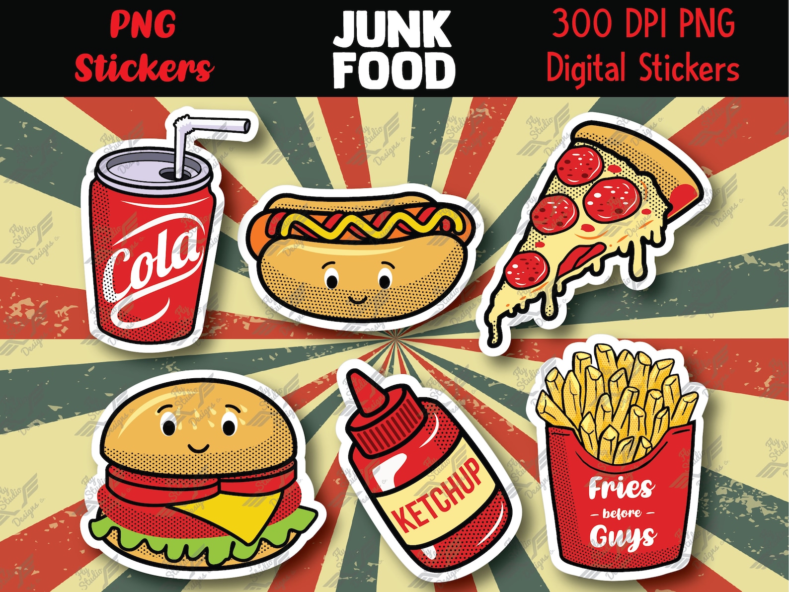 Junk Food Digital PNG Stickers. Hotdog, Pizza, Hamburger, Ketchup ...