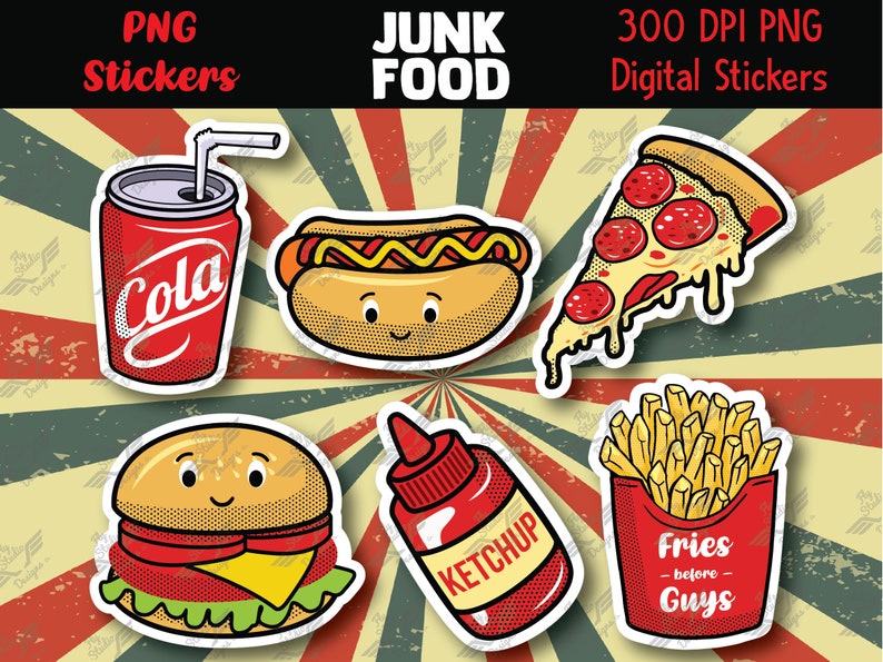 Junk Food Digital PNG Stickers. Hotdog, Pizza, Hamburger, Ketchup ...