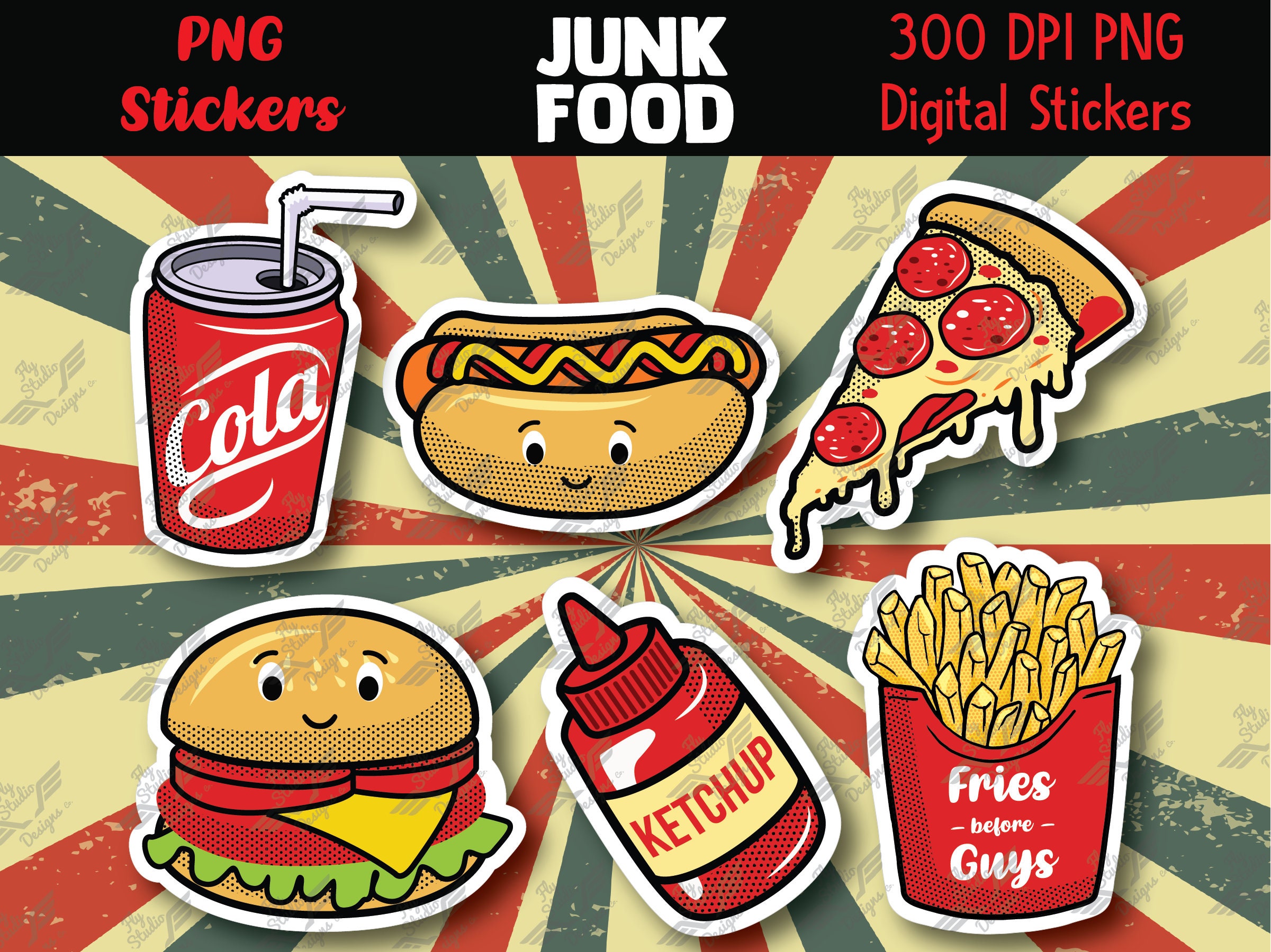 Junk Food Digital PNG Stickers. Hotdog, Pizza, Hamburger, Ketchup ...