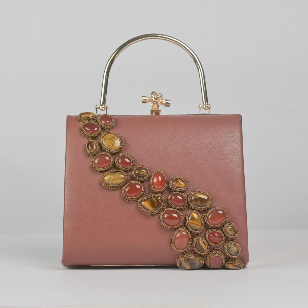 Safari Chic: Rectangular Frame Tan Leather Clutch With Top - Etsy