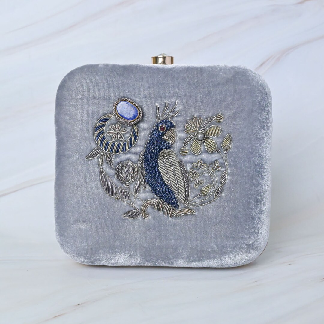 Grey Velvet Parrot Dream: Zardozi Clutch With LAPIZ Gemstone Elegance ...
