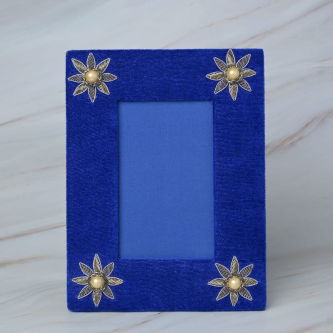 Handmade Picture Frame, Blue Velvet Photo Frame Embellished With Pearls ...