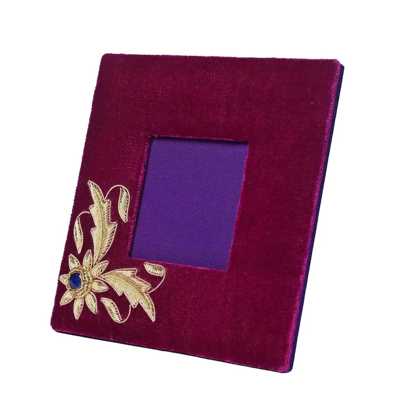 Handmade Wine Velvet Photo Frame: Lapis Zardozi Embroidery - Etsy