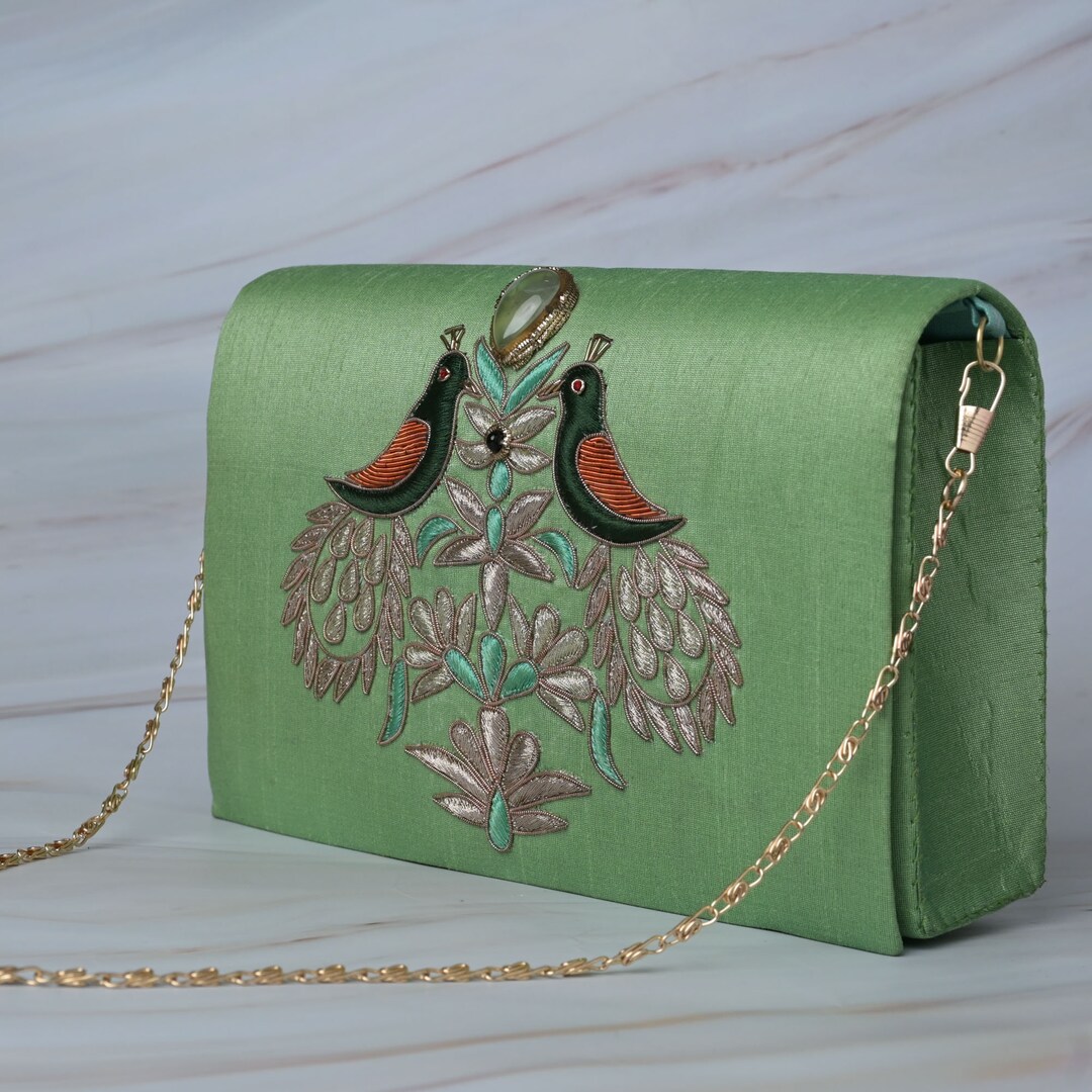 Parrot Green Hand Clutch With Pair of Parrots ,green Hand Bag, Green ...