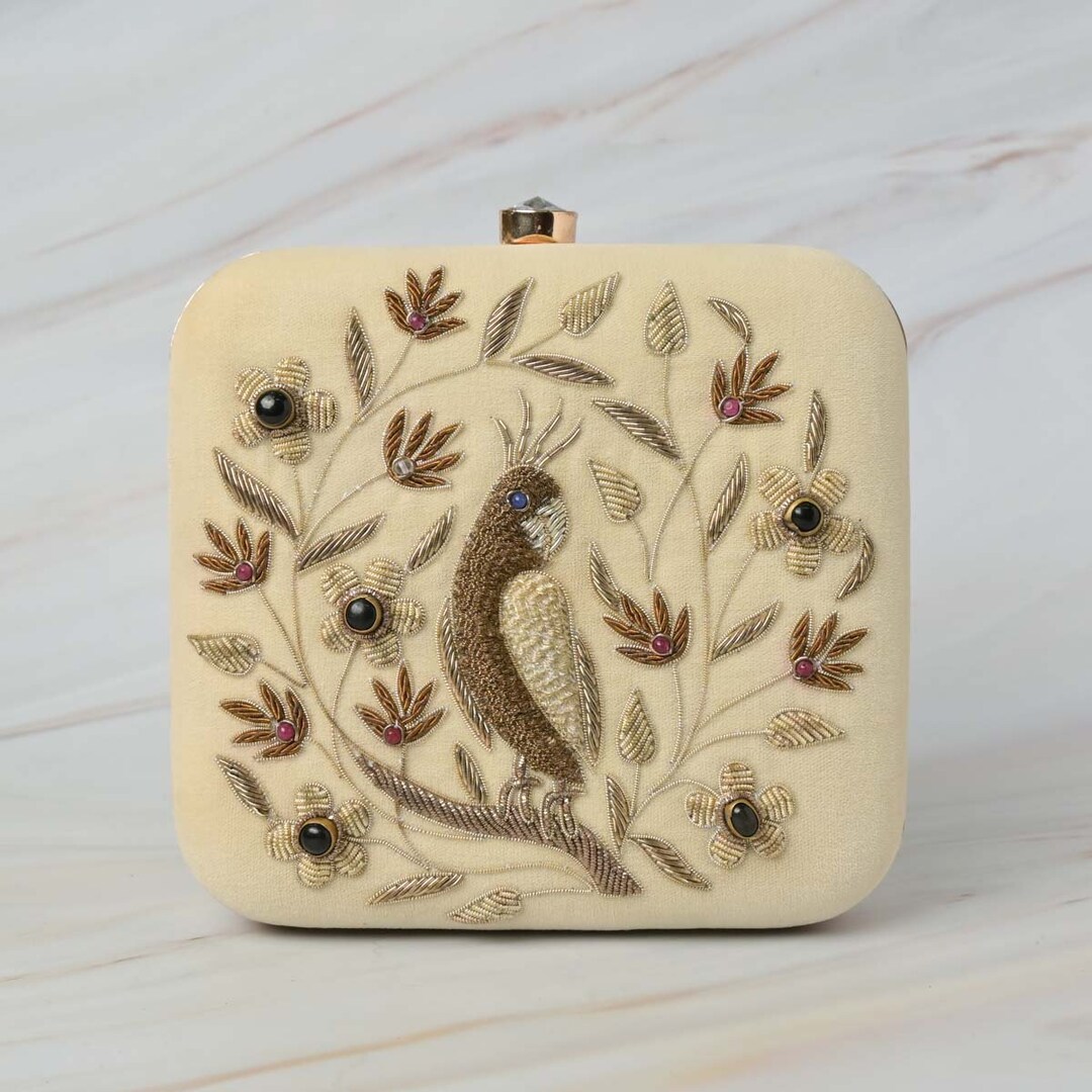 Off-white Parrot Hand Clutch Highlighted With Onyx Stone Work, Handmade ...