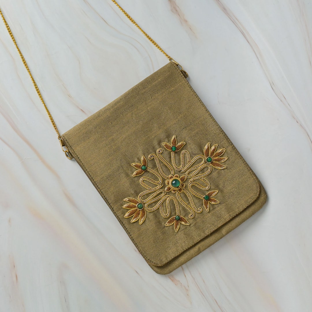 Feel Wow With Antique Golden Sling Bag With Green Onyx Stone Work ...
