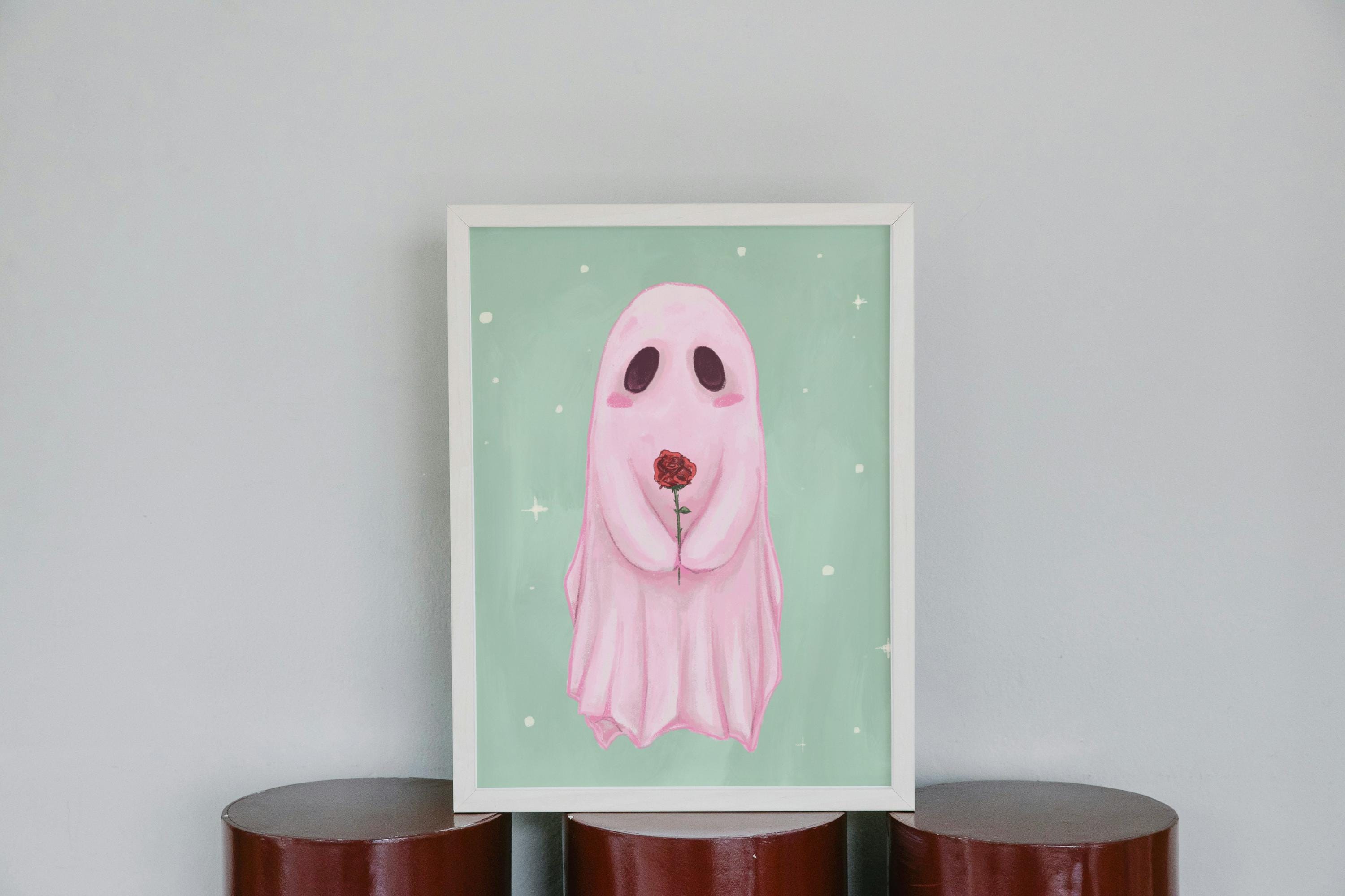 Pastel Goth Ghost Art Print | Cute Pink Spirit With Rose - Etsy