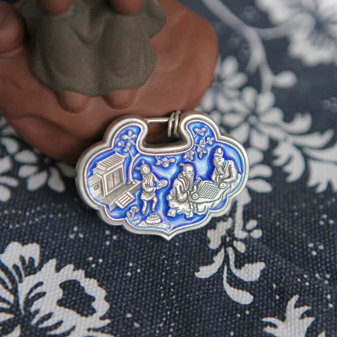 Sterling Silver Longevity and Health Lock Pendant Necklace: Enamelled ...