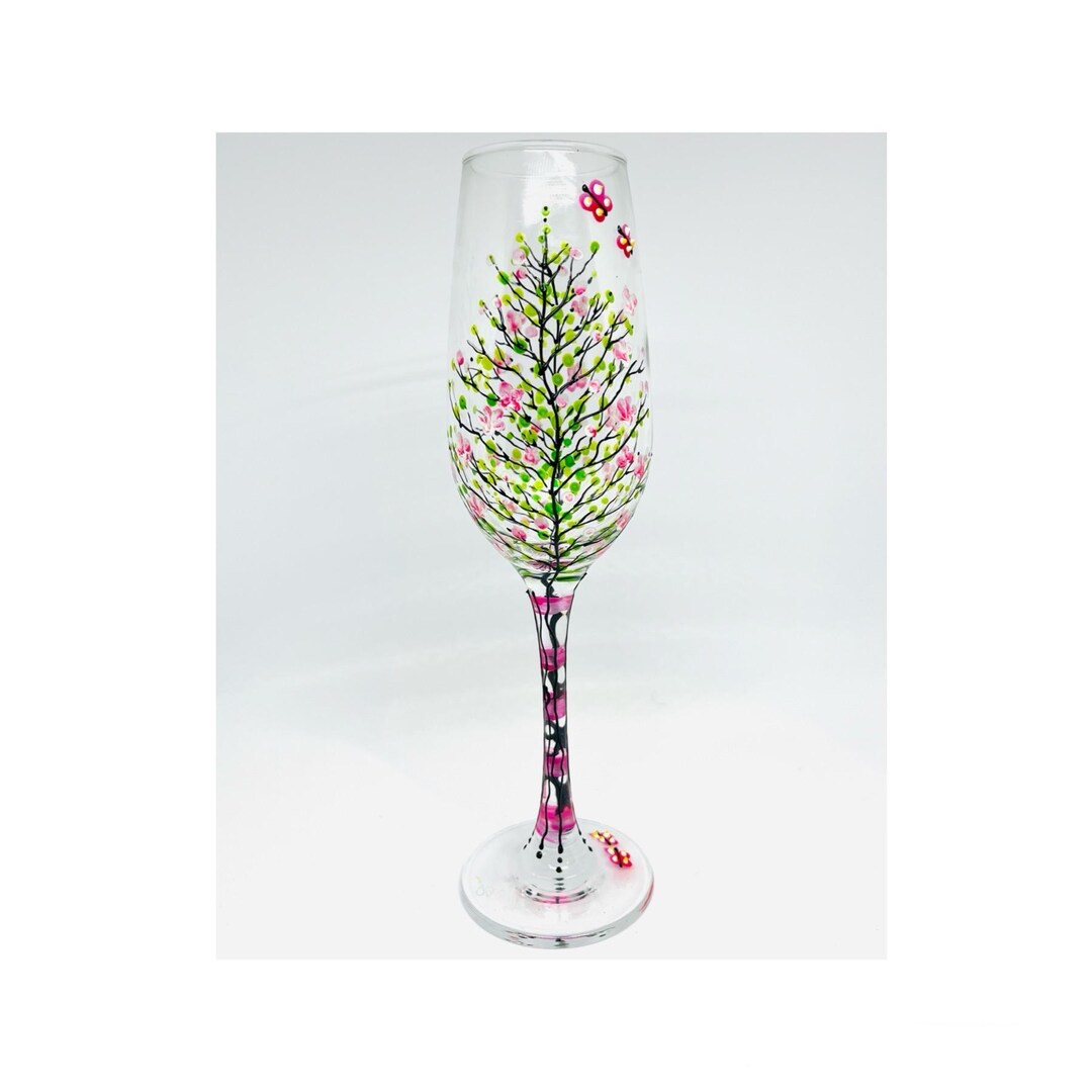 Hand Painted Prosecco Glass - Cherry Blossom Tree With Pink Butterflies ...