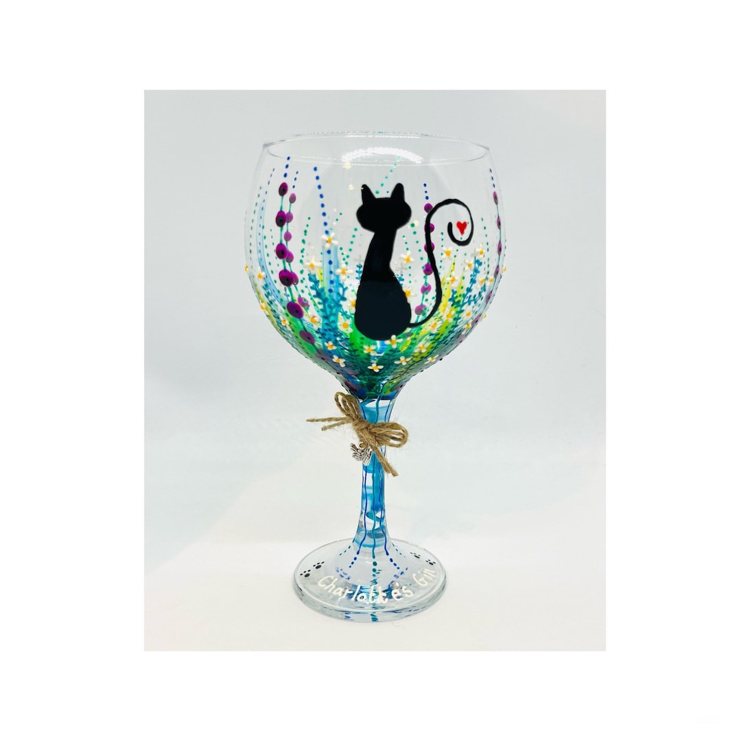 Hand Painted Cat Gin Glass Floral Design & Glass Charm. Can Be ...