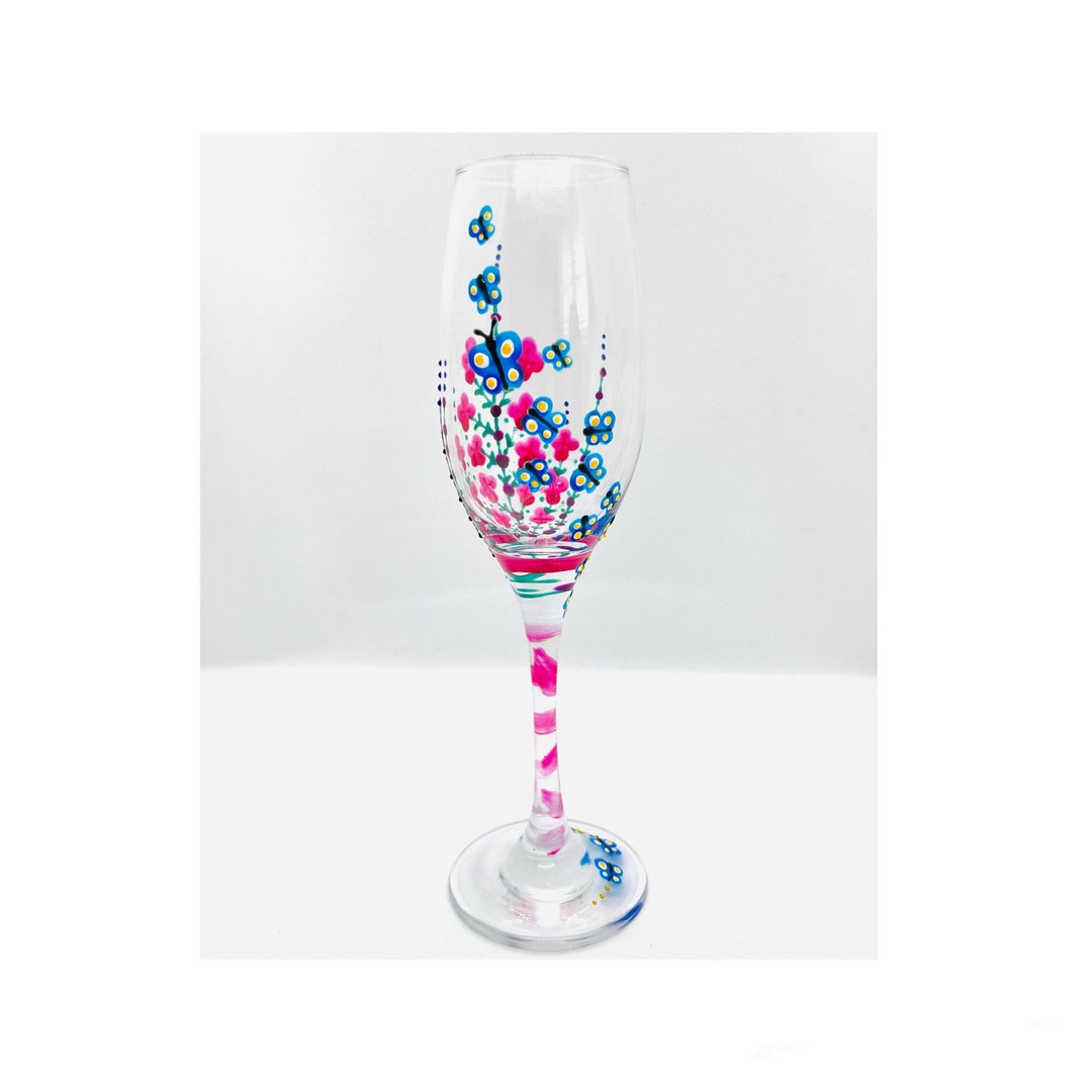 Hand Painted Prosecco Glass Butterflies & Pink Floral Bouquet. Can Be ...