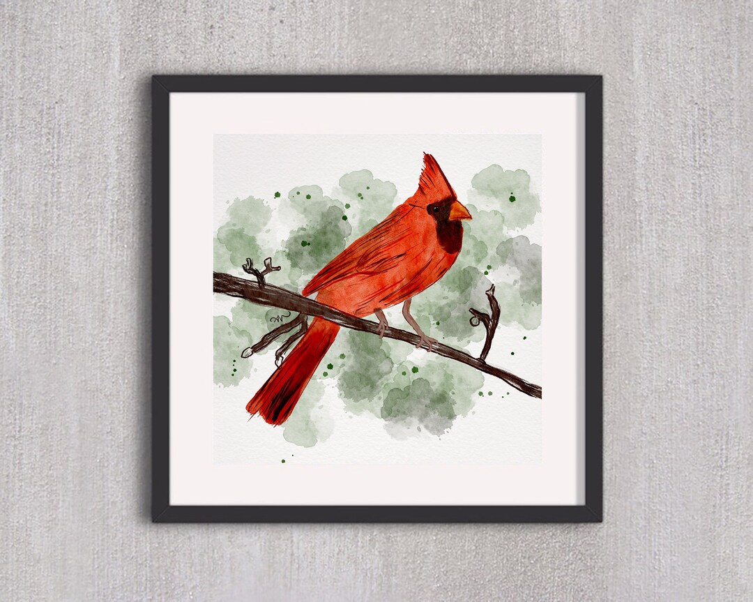 Red Cardinal Print, Watercolor Cardinal on Branch, Cardinal in Tree ...