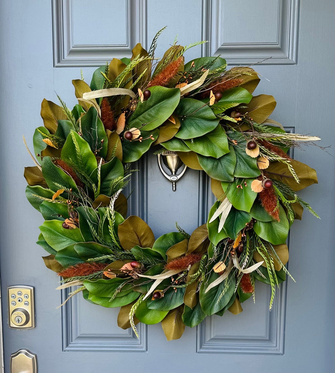 Fall Magnolia Front Door Wreath, Autumn Magnolia Wreath, Rust Orange ...