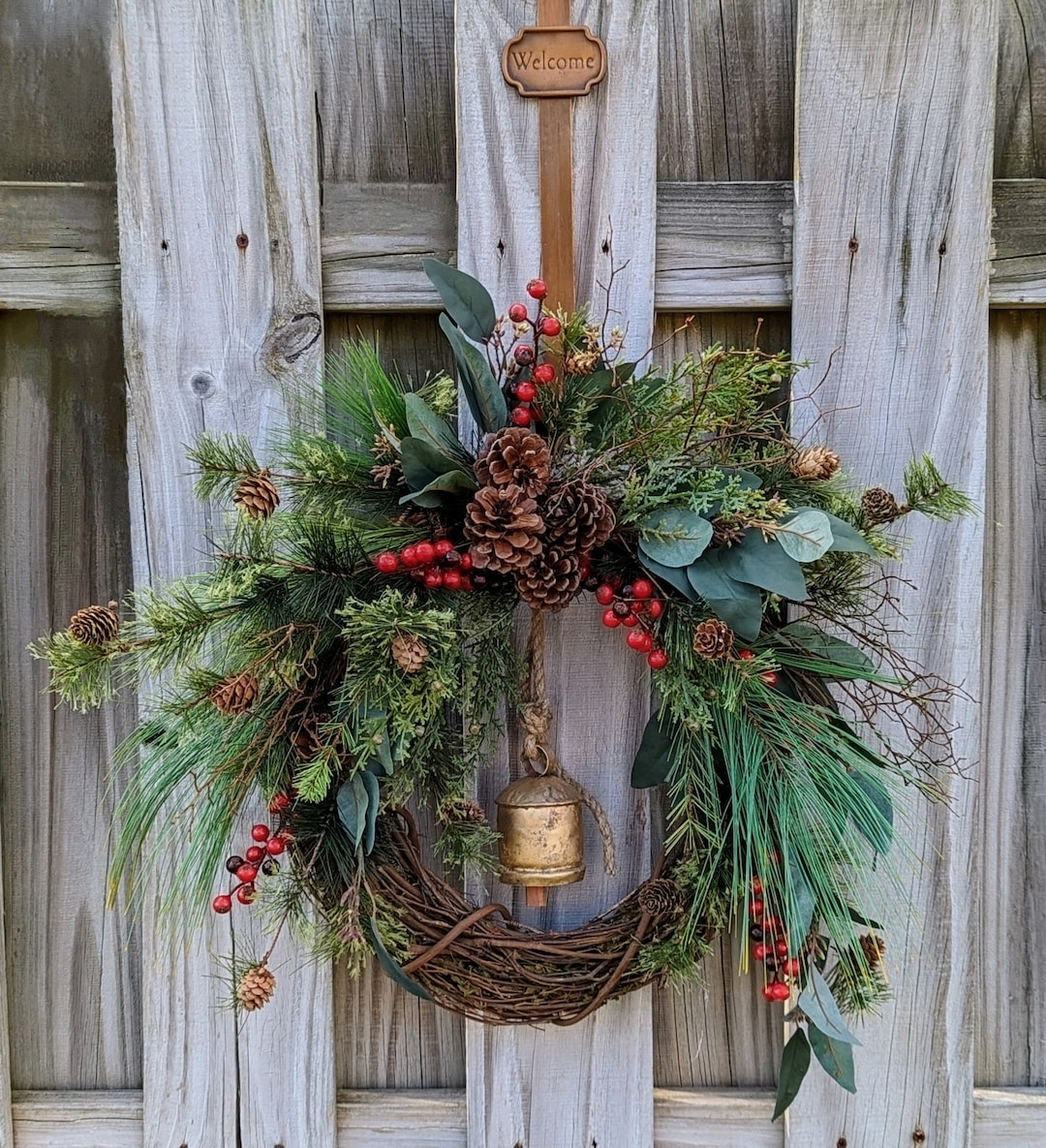 Rustic Holiday Winter Wreath With Brass Bell. Faux Natural Wreath for ...