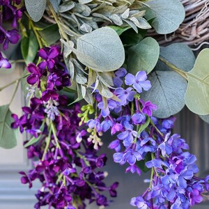 Lilac Spring Wreath With Draping Eucalyptus and Ruscus on a Whitewashed ...