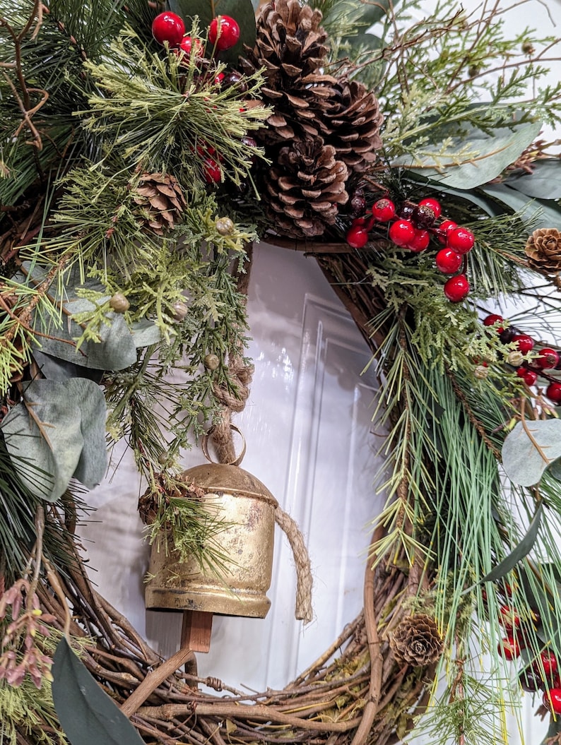 Rustic Holiday Winter Wreath With Brass Bell. Faux Natural - Etsy