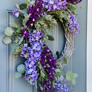 Lilac Spring Wreath With Draping Eucalyptus and Ruscus on a Whitewashed ...