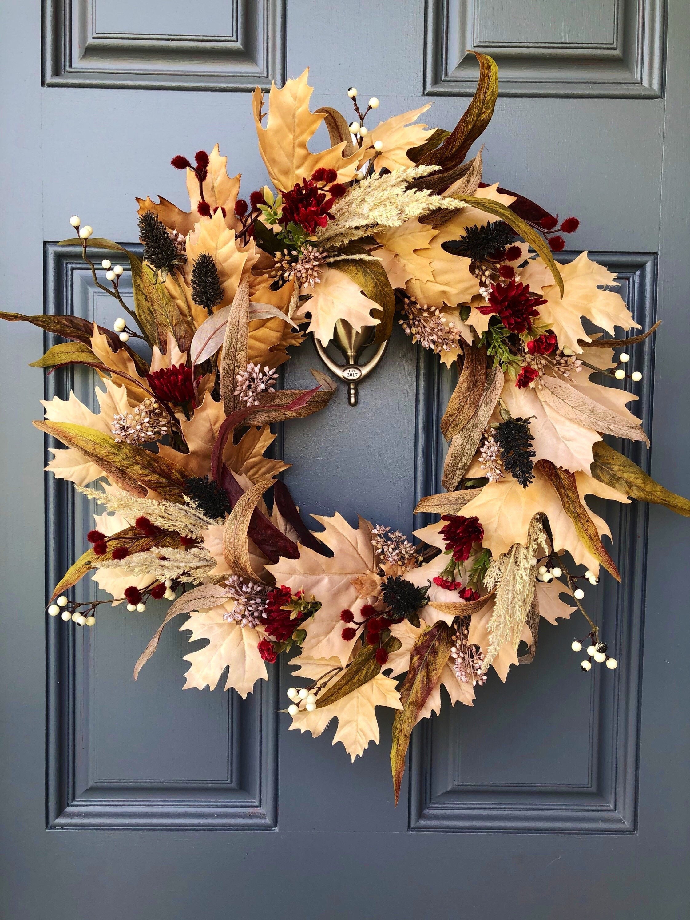 Fall Boho Beige Maple Leaf Front Door Wreath Autumn Realistic - Etsy