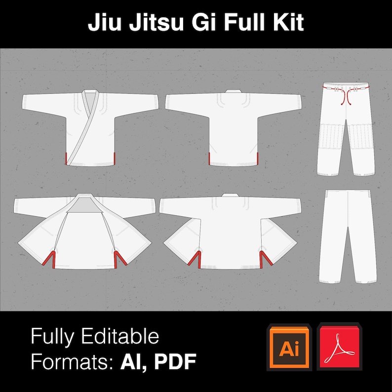 Jiu Jitsu Gi Full Kit Vector Flat CAD | BJJ Uniform Mockup Template ...