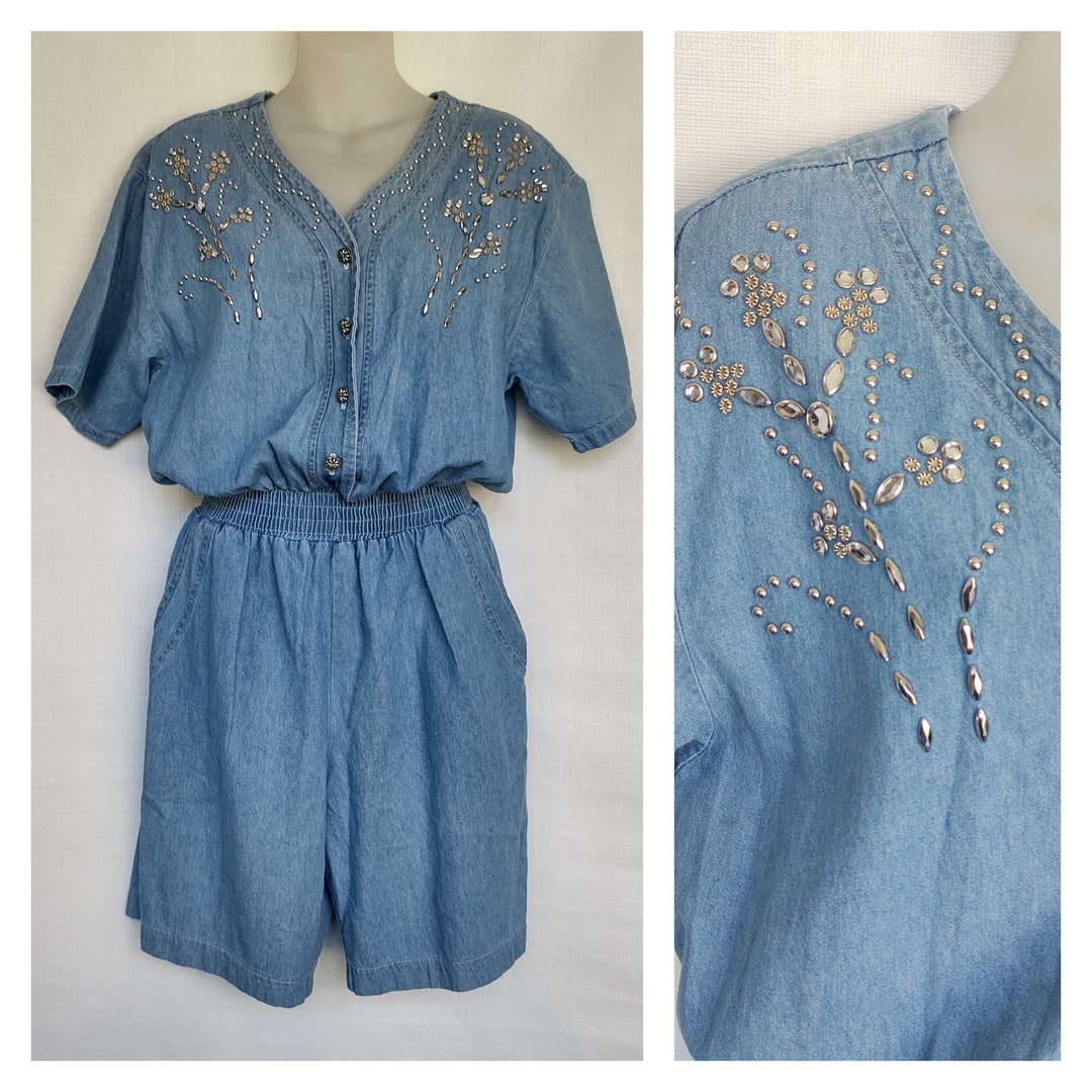 Vintage 80s Rhinestone Denim Romper - Light Wash Playsuit, Size Small ...