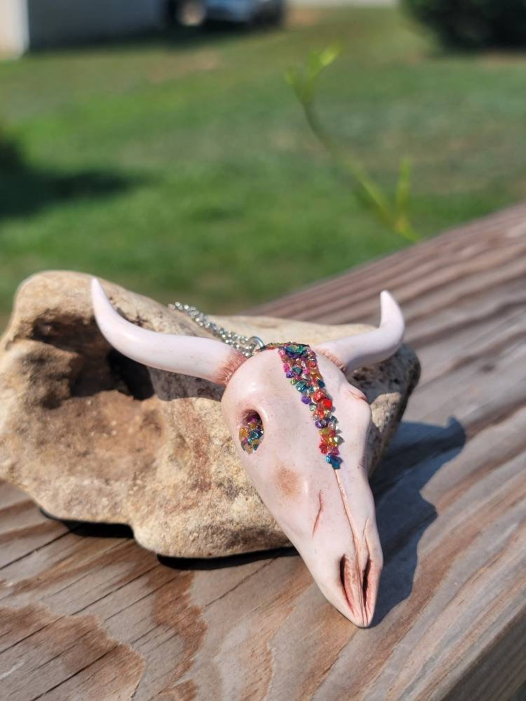 Polymer Clay Bull Skull Necklace/bull Skull With Rainbow Druzy Effect ...