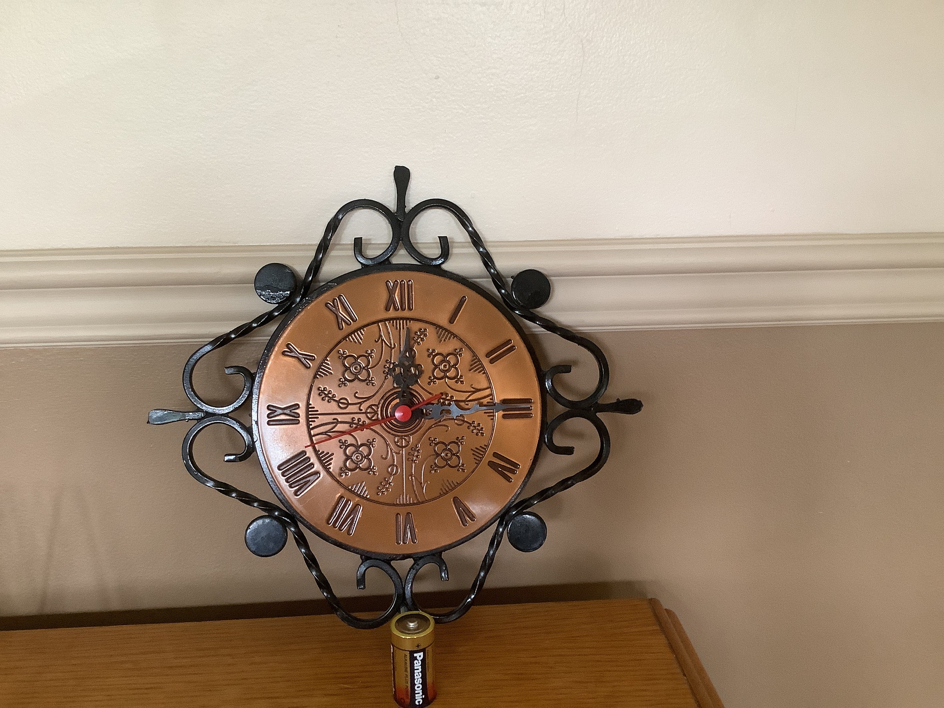 MCM Wall Clock, Black Wrought Iron Frame, Copper Face, Intricate Flower ...