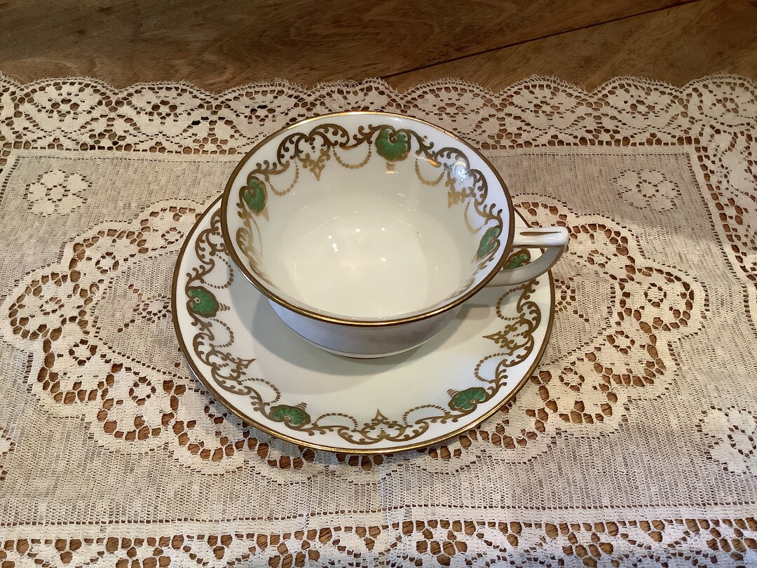 Aynsley Cup and Saucer, Backstamp From 1920s, White With Gold and Green ...