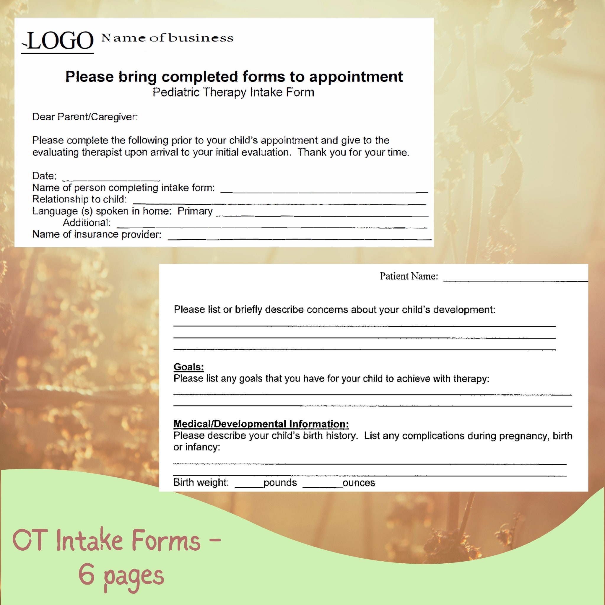Comprehensive Pediatric Occupational Therapy Intake Forms - Includes ...