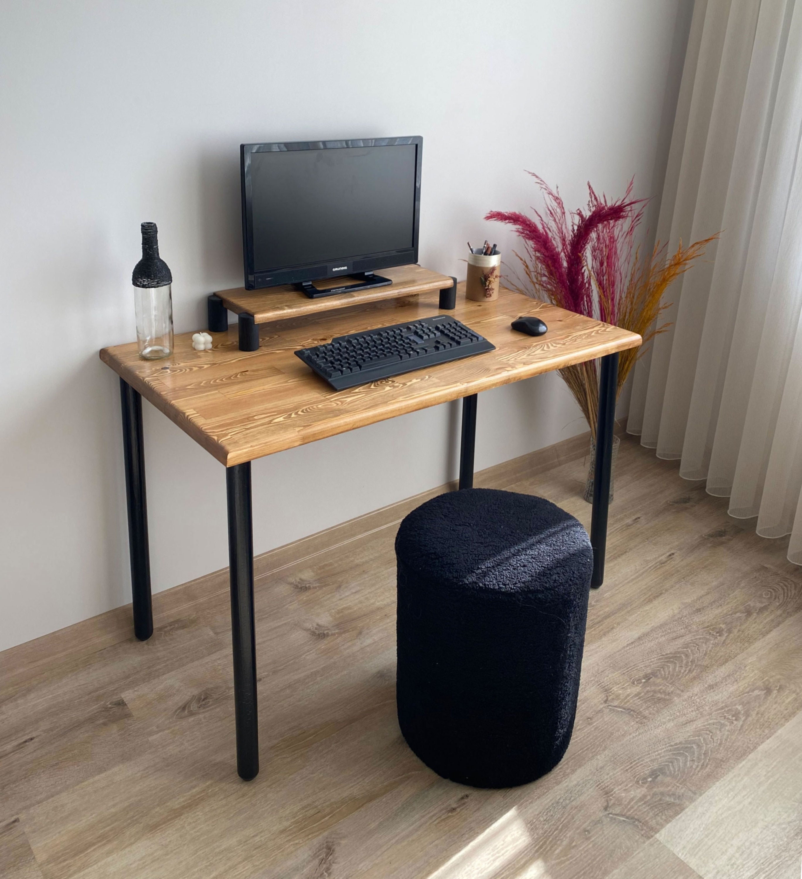 Desk Computer Desk Modern Home Office Wood Desk With Monitor Stand Solid Wood Office Furniture With Shelf Etsy