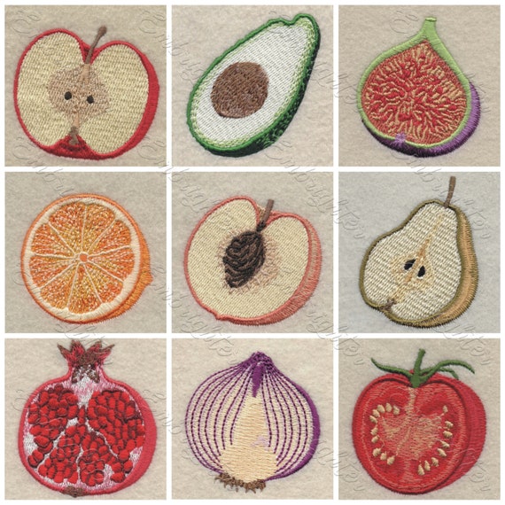Half fruits and vegetables set machine embroidery design | Etsy