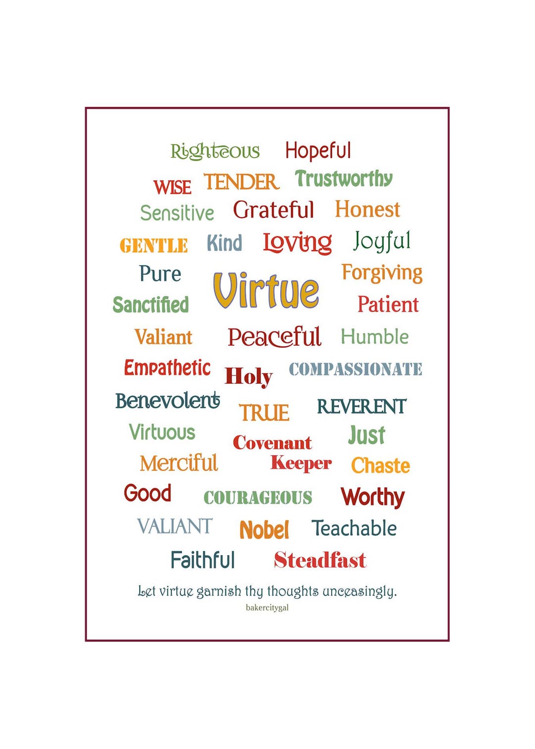 Virtue Word Cloud Printable Poster, Bookmark, Inspiration for Keeping ...