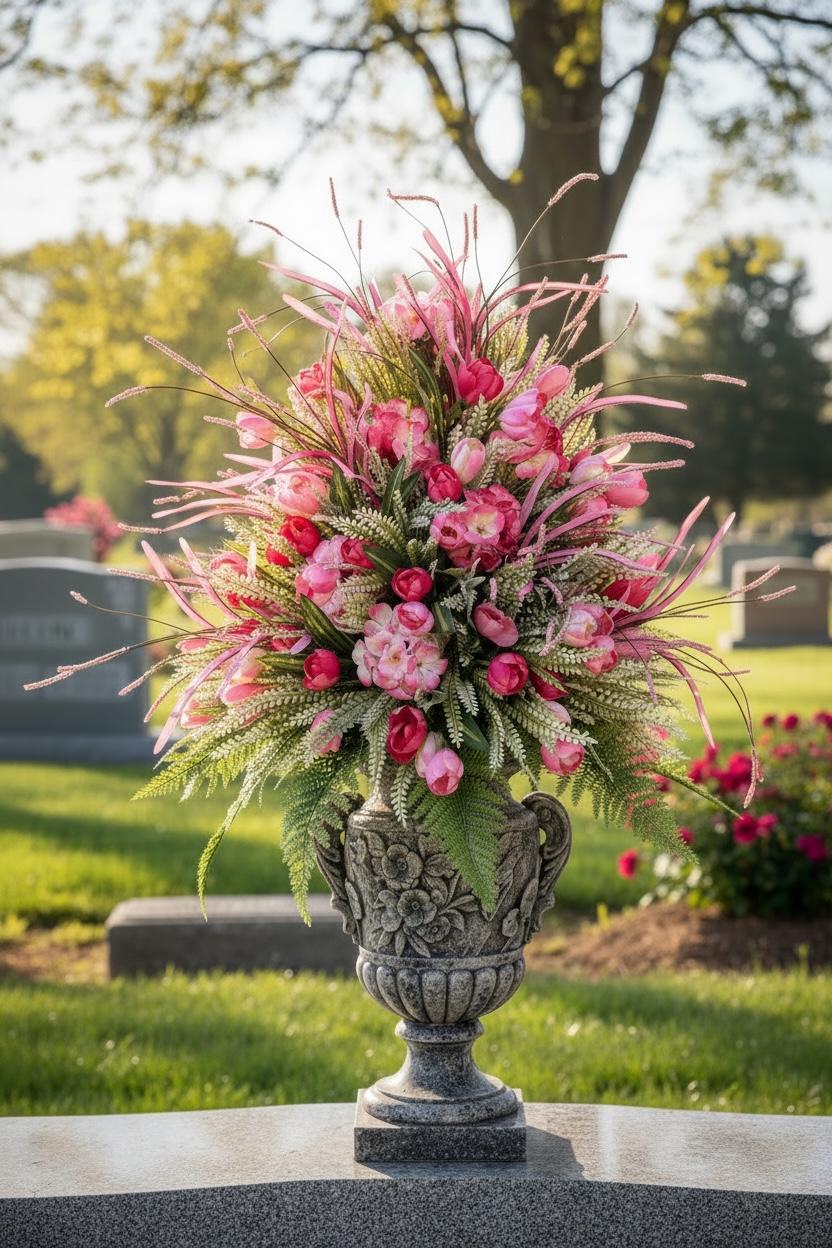 Spring Cemetery Flowers, Pink Grave Flower Arrangement, Vase Insert ...