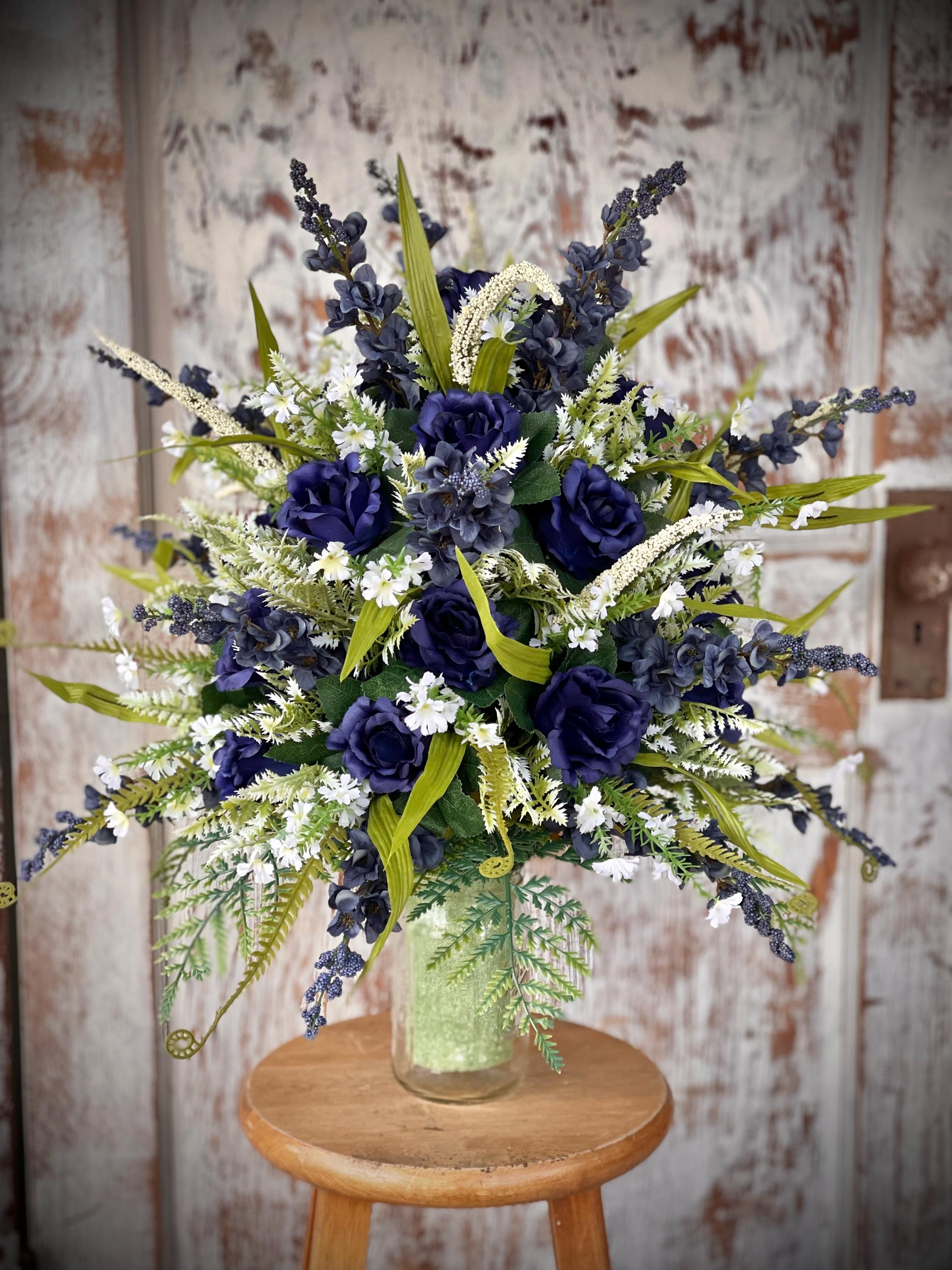 Blue Cemetery Flowers, XL and Full 360 Degree Design Grave Arrangement ...