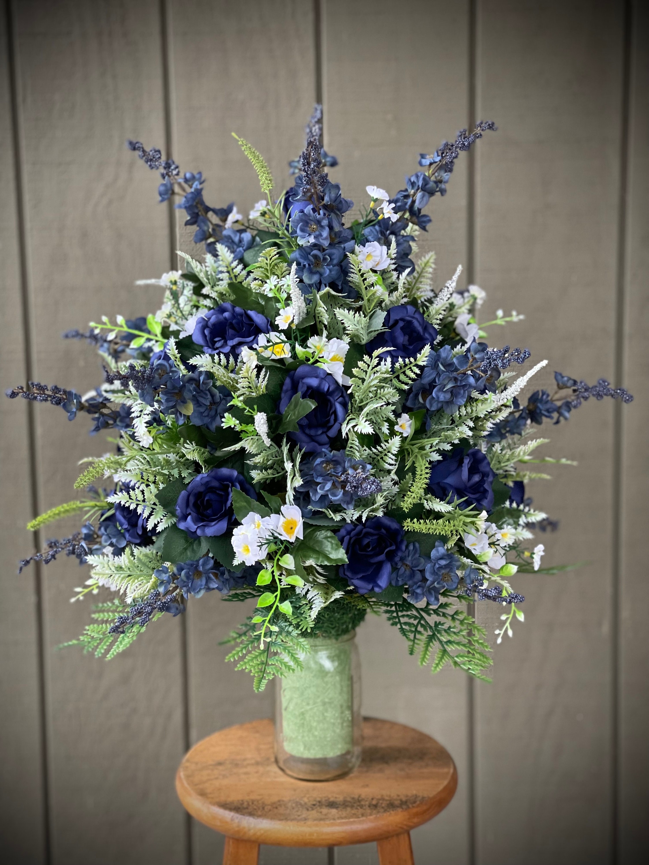 Blue Cemetery Flowers, Grave Flower Arrangement, Vase Insert, Grave ...