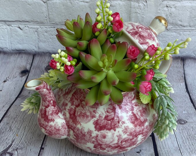 Artificial Arrangement in a Pink Rose Tea Pot. Faux Succulents. Shabby ...